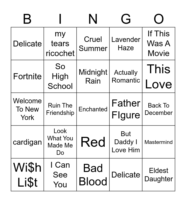 Taylor Swift! Bingo Card