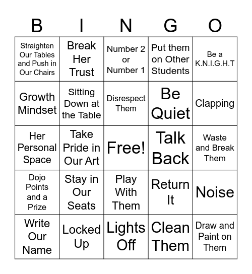 Art Room Rules! Bingo Card