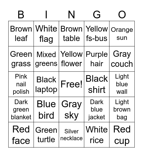 Colors and Things Bingo Card