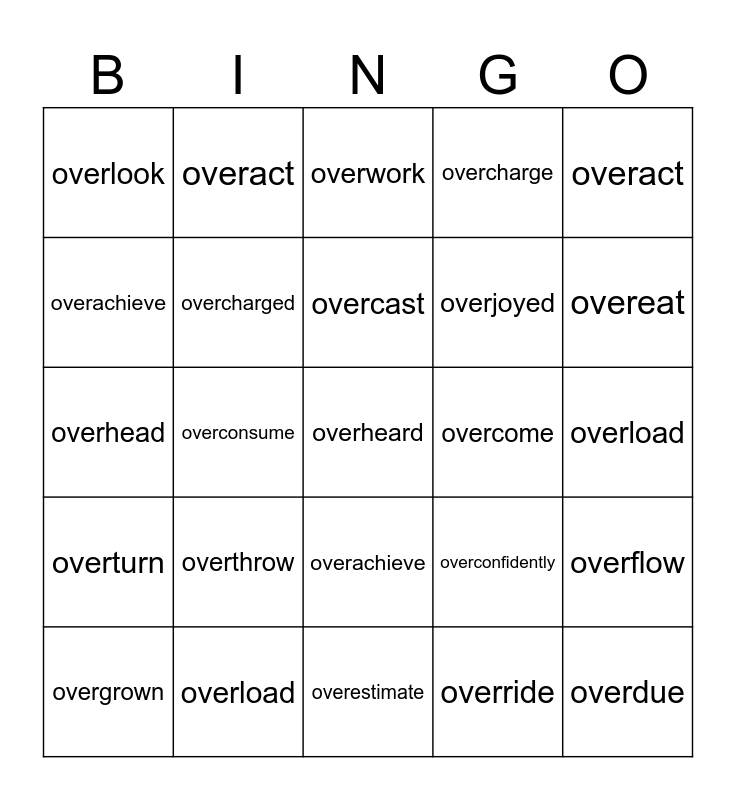 Prefix: OVER- Bingo Card