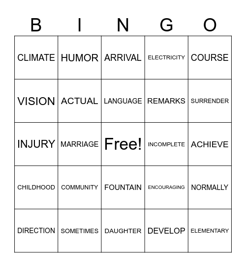 PM Word Bingo Card