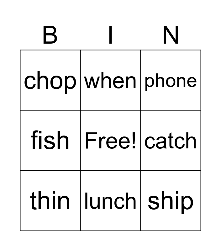 Digraph Bingo Card