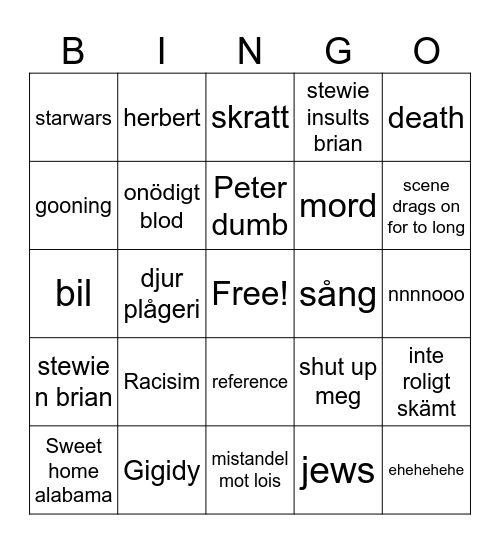 Family guy bingo Card