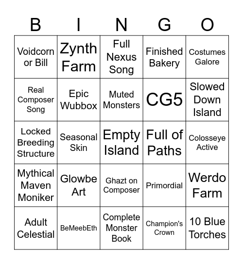 My Singing Monsters Island Bingo Card