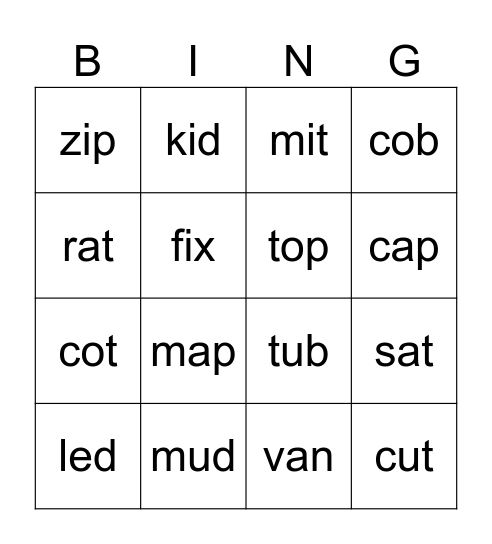 CVC Words Bingo Card