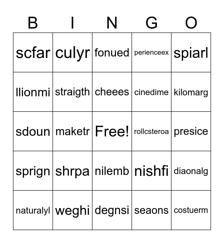 correct the words Bingo Card