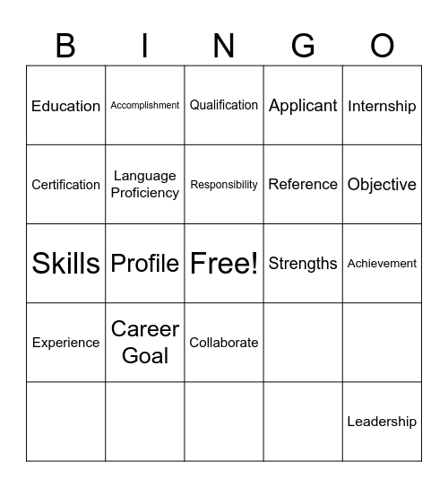 Resume Vocabulary Bingo Card