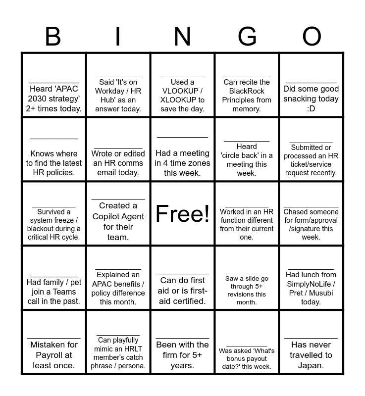 HR Happy Hour Bingo! Bingo Card